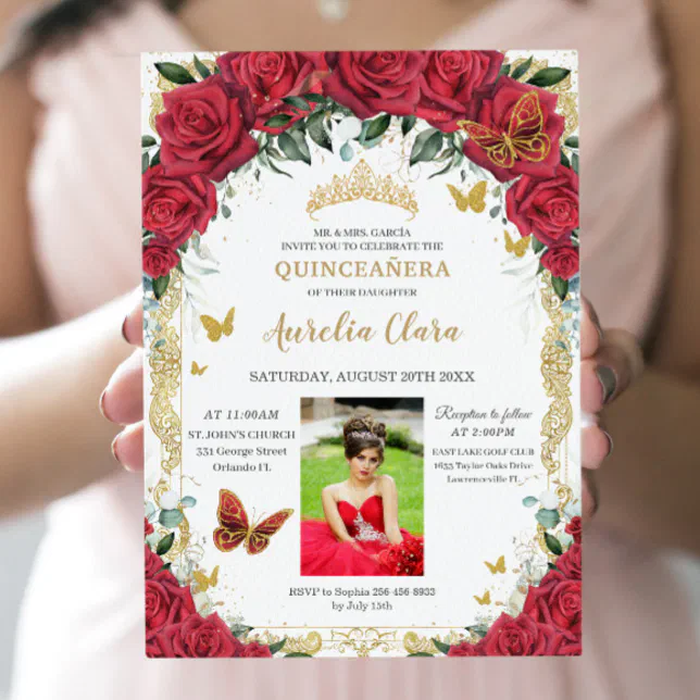 Quinceañera Red Roses Floral Vintage Gold Picture Invitation | Zazzle