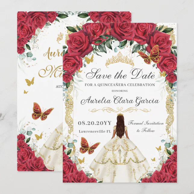 Quinceañera Red Roses Floral White Dress Gold Save The Date | Zazzle