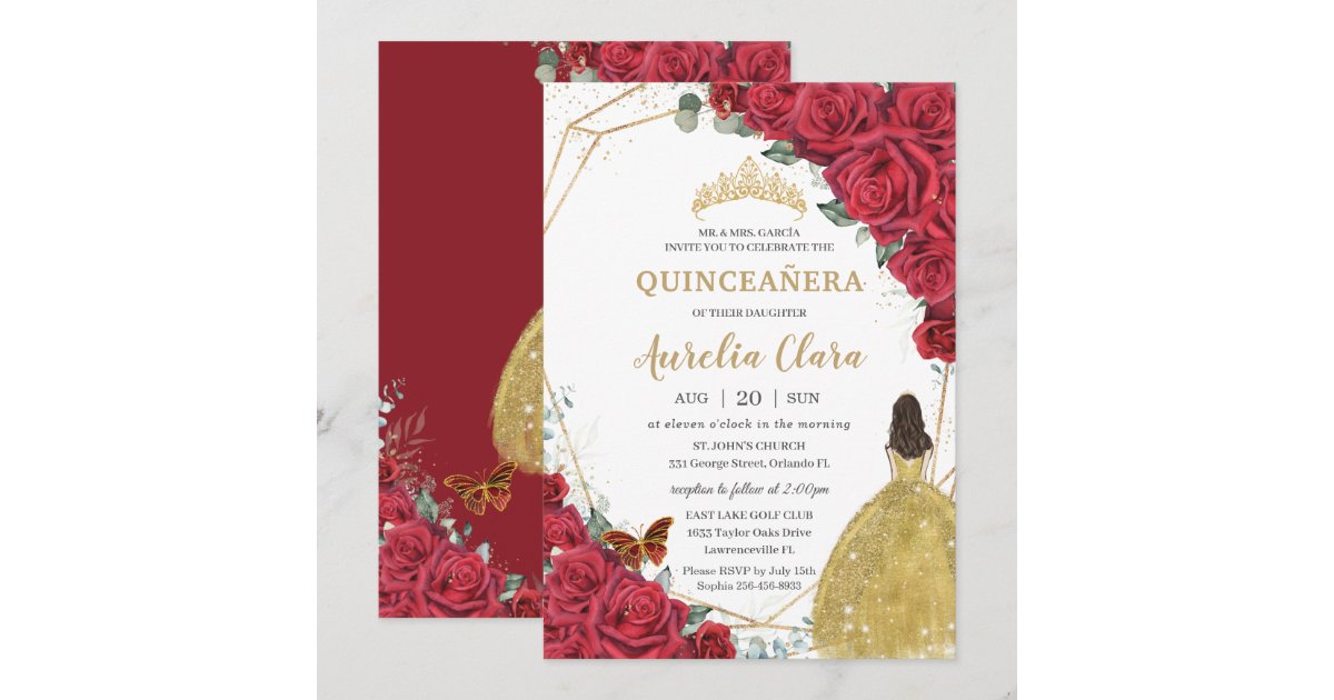 Quinceañera Red Roses Floral Yellow Princess Dress Invitation | Zazzle