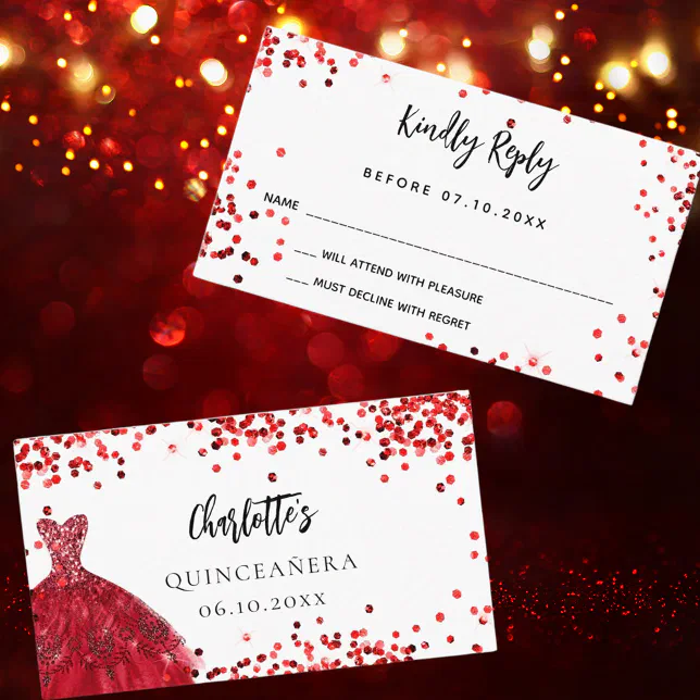Quinceanera red white dress RSVP card | Zazzle