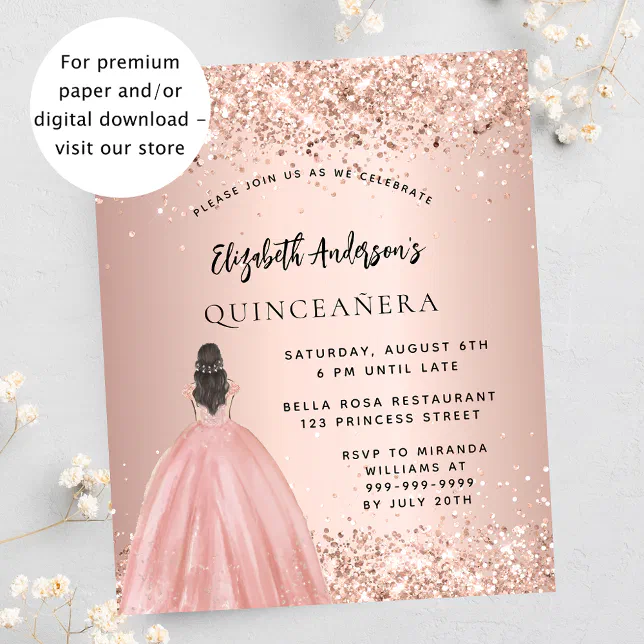Quinceanera rose gold dress budget invitation flyer | Zazzle