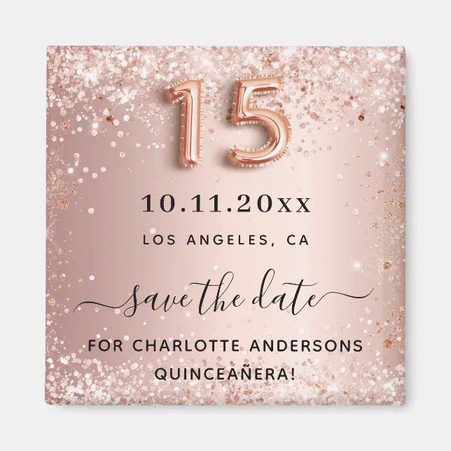 Quinceanera rose gold glitter dust save the date magnet | Zazzle