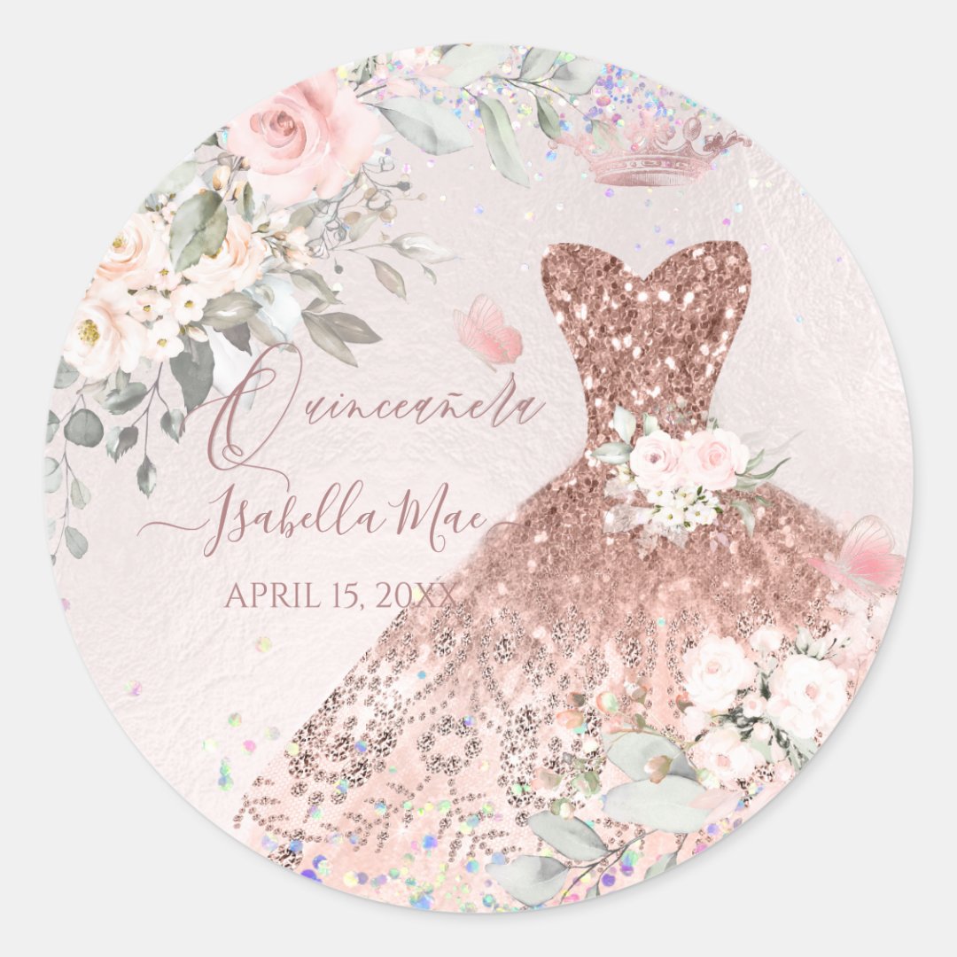 Quinceanera Rose Gold Glitter Quince Dress Classic Round Sticker | Zazzle