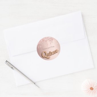 Quinceanera rose gold glitter quince monogram classic round sticker ...