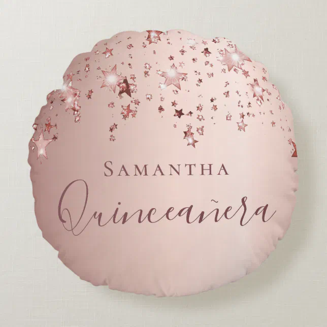 Quinceanera rose gold monogram name sparkle round pillow | Zazzle