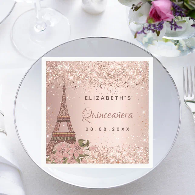Quinceanera rose gold Paris Eiffel Tower Napkins | Zazzle