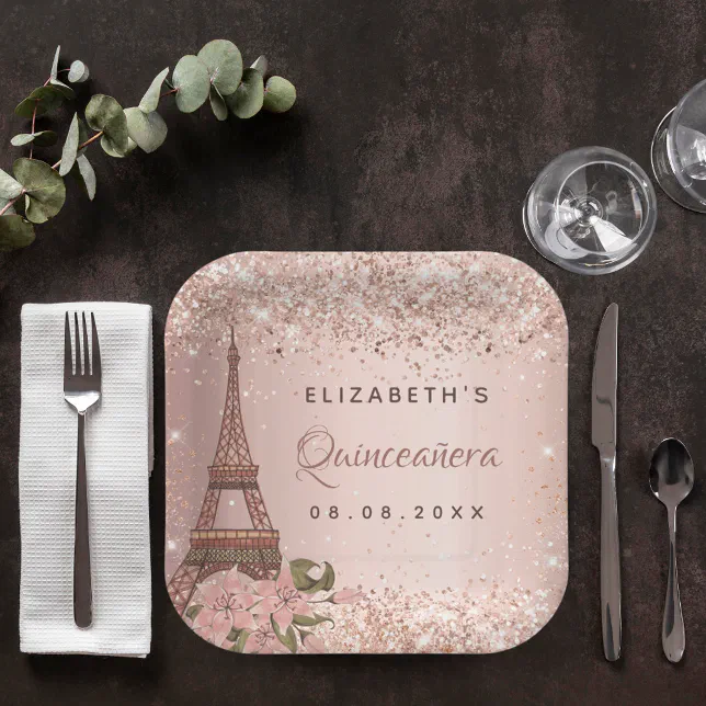 Quinceanera rose gold Paris Eiffel Tower Paper Plates | Zazzle