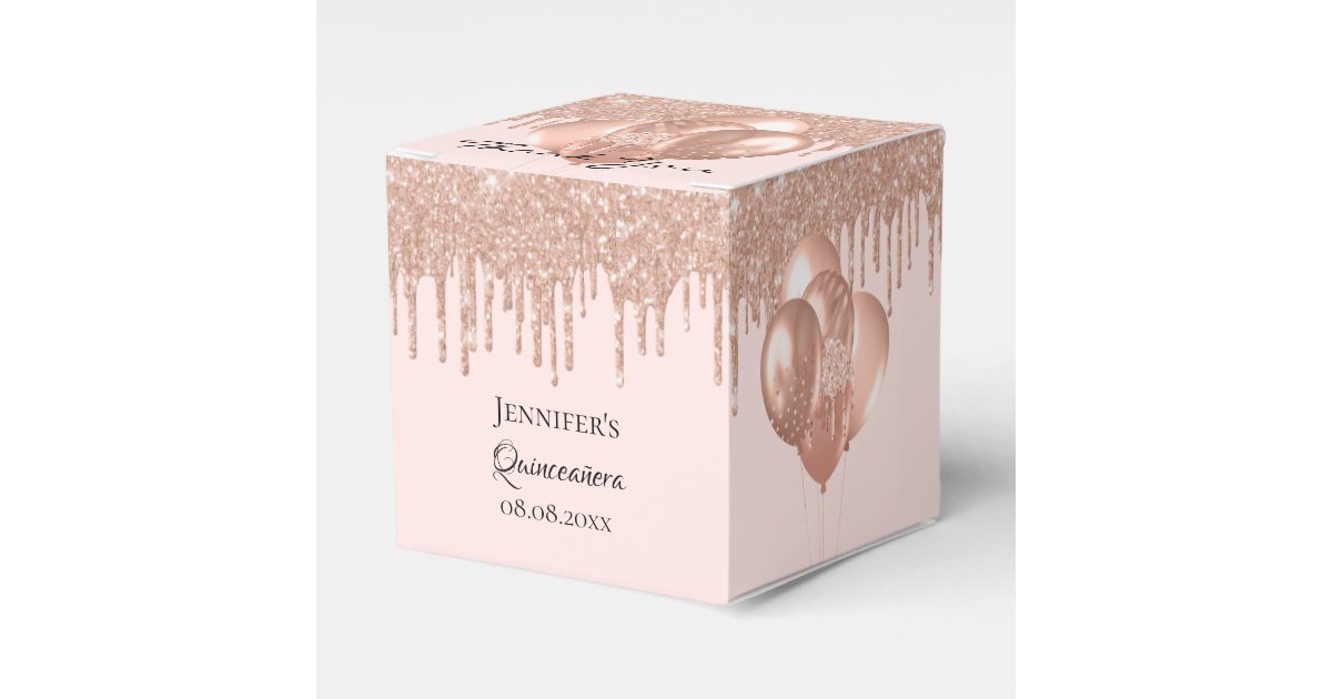 Quinceanera rose gold pink balloons favor boxes | Zazzle