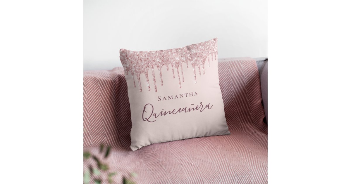 Quinceanera rose gold pink drips name throw pillow | Zazzle