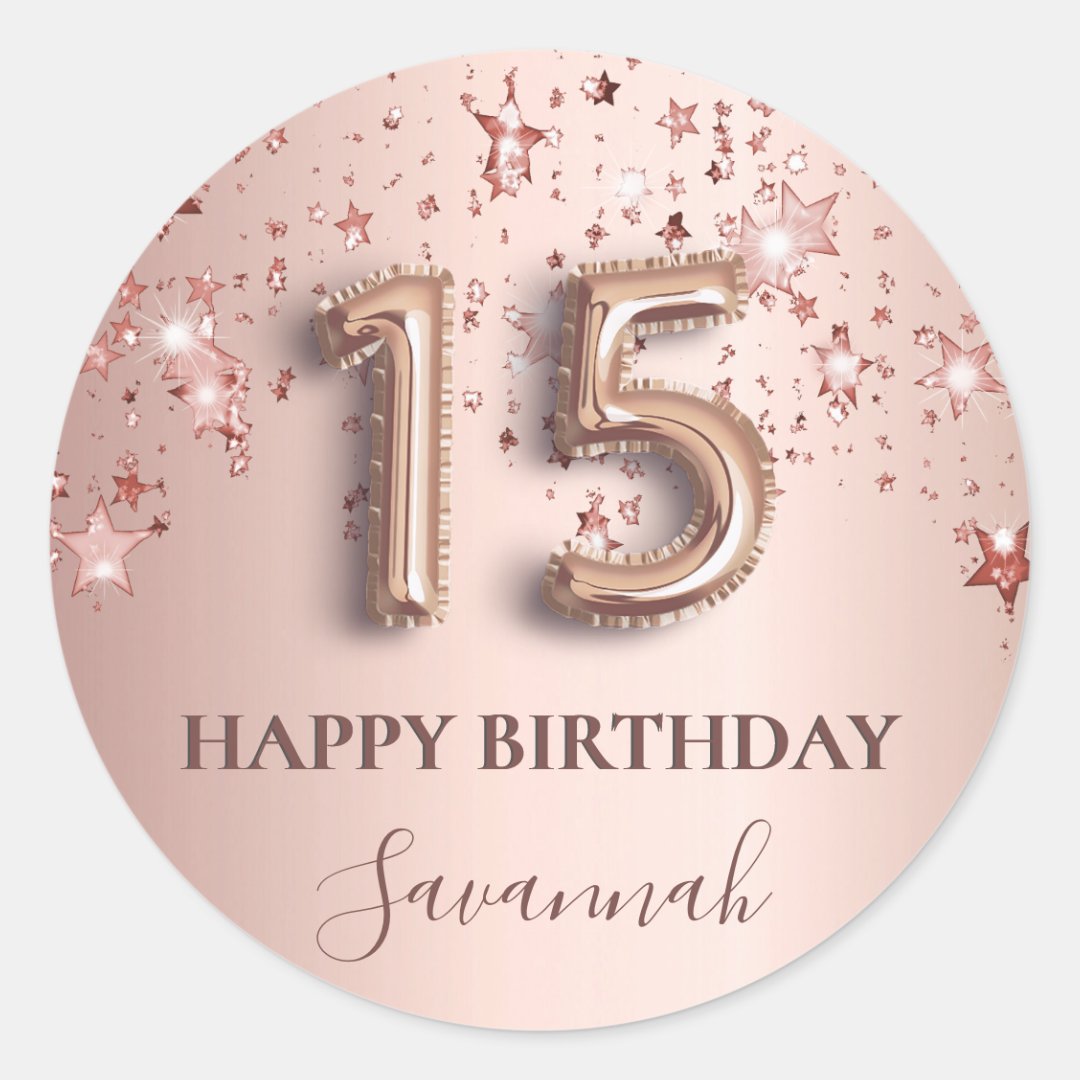 Quinceanera rose gold pink stars balloon font classic round sticker ...