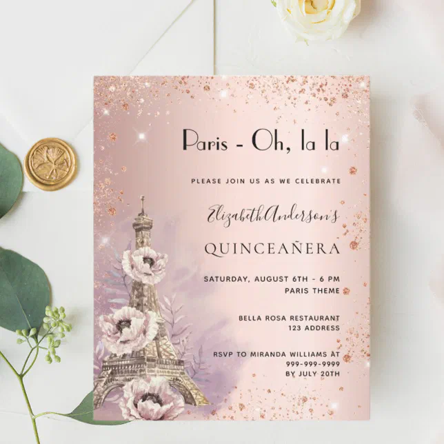Quinceanera rose Paris Eiffel tower invitation | Zazzle