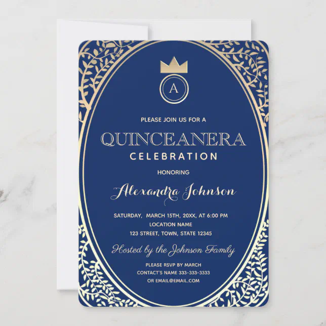 Quinceanera Royal Blue and Gold Princess Monogram Invitation | Zazzle