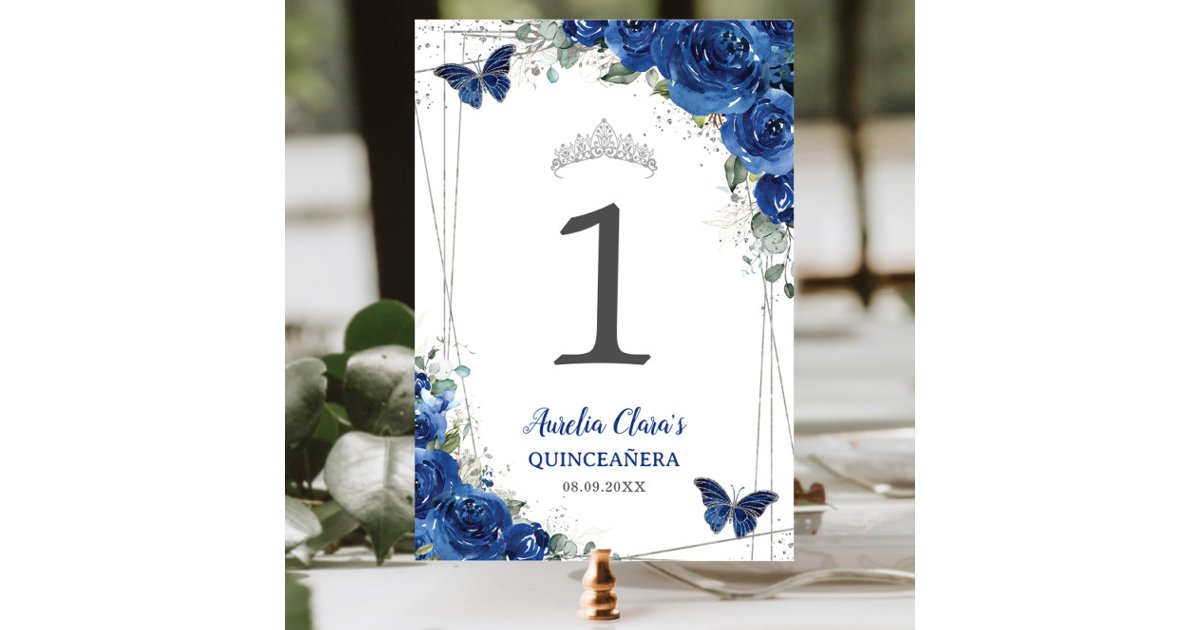 Quinceañera Royal Blue Floral Silver Butterflies Table Number | Zazzle