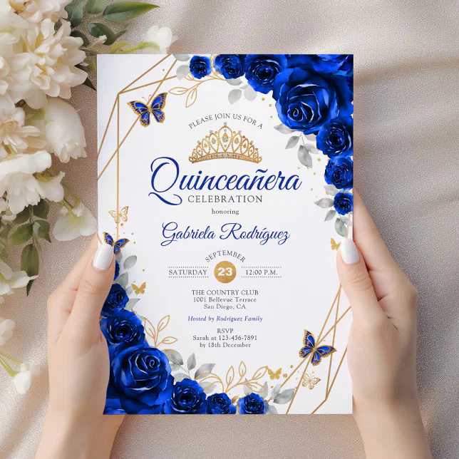 Quinceanera Royal Blue Gold Floral Invitation | Zazzle