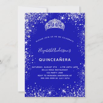 Quinceanera royal blue silver glitter tiara invitation | Zazzle