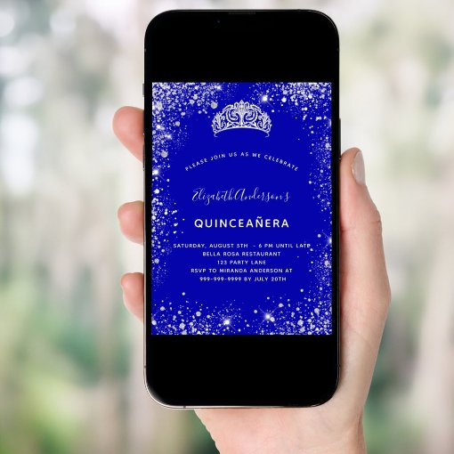 Quinceanera royal blue silver glitter tiara invitation | Zazzle