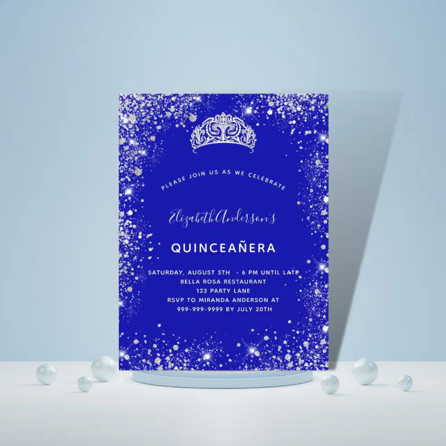 Quinceanera royal blue silver glitter tiara invitation | Zazzle