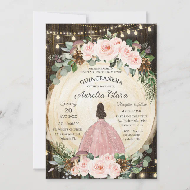 Quinceanera Rustic Blush Floral Enchanted Forest Invitation | Zazzle