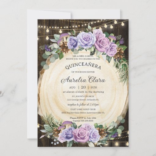 Quinceañera Rustic Purple Floral Enchanted Forest Invitation | Zazzle