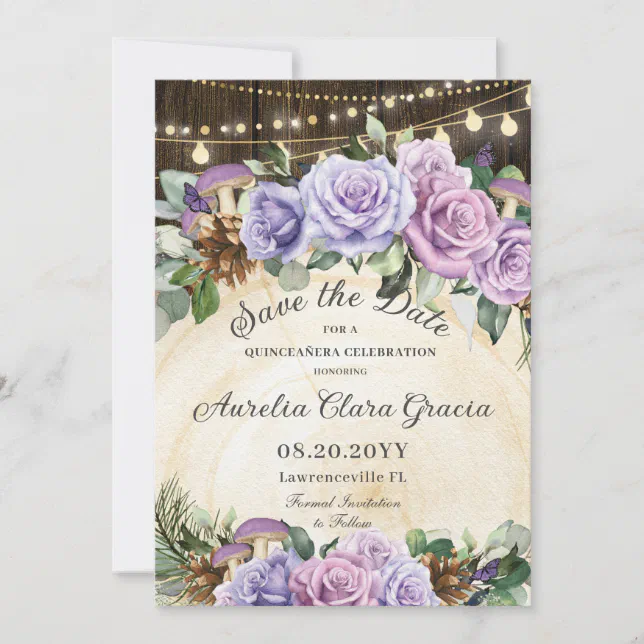 Quinceañera Rustic Purple Floral Enchanted Forest Save The Date | Zazzle