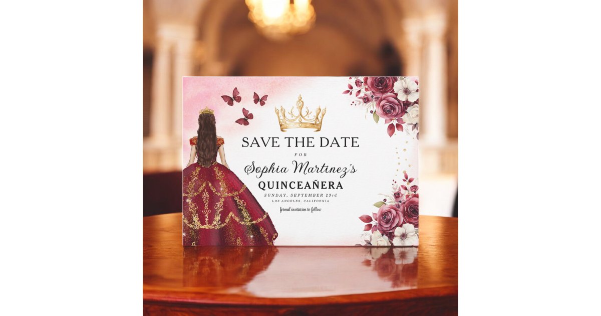 Quinceanera Save the Date Floral Burgundy | Zazzle