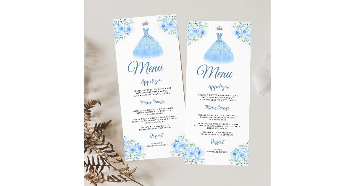 Quinceanera Silver Blue Floral Gown Menu | Zazzle