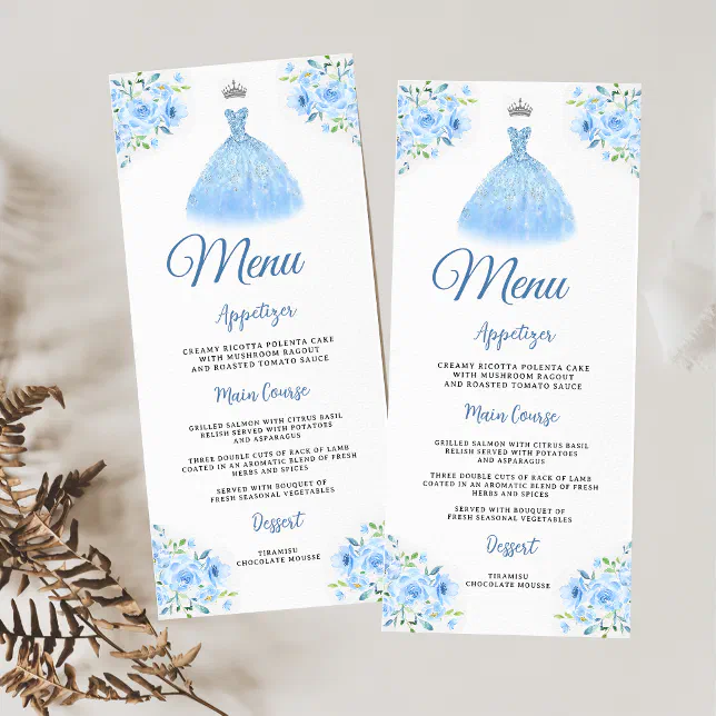Quinceanera Silver Blue Floral Gown Menu | Zazzle