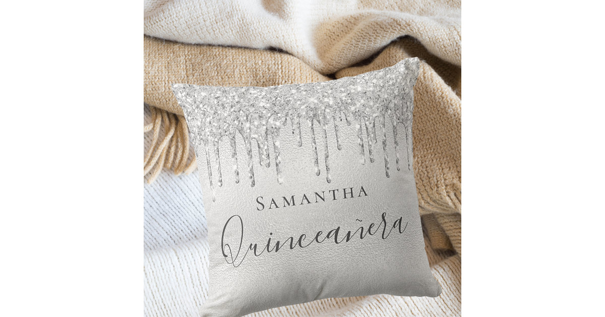 Quinceanera silver glitter drips monogram name throw pillow | Zazzle