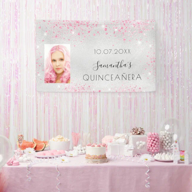 Quinceanera silver photo purple glitter monogram banner | Zazzle