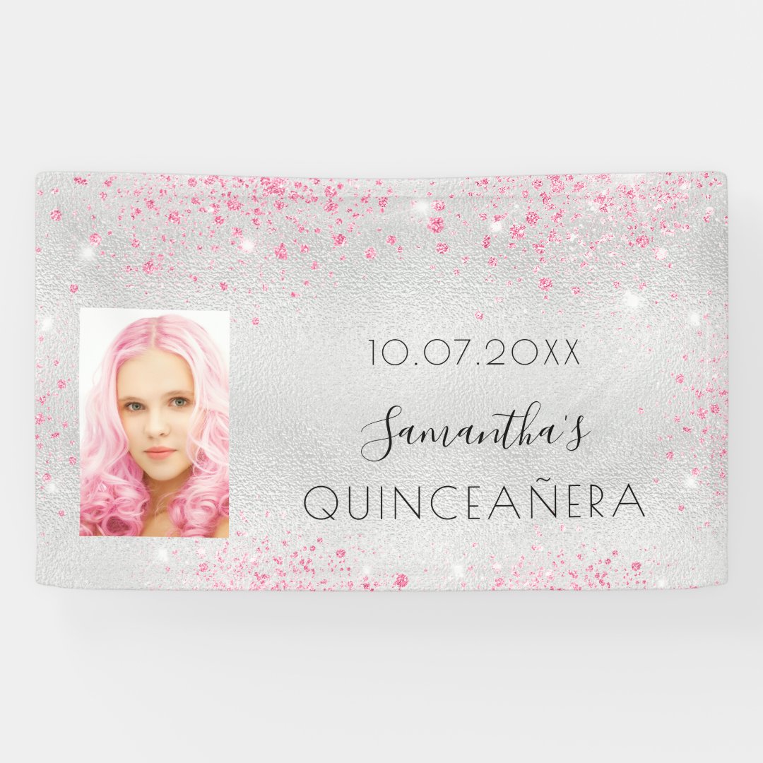 Quinceanera silver photo purple glitter monogram banner | Zazzle