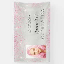 Quinceanera silver photo purple glitter monogram banner | Zazzle