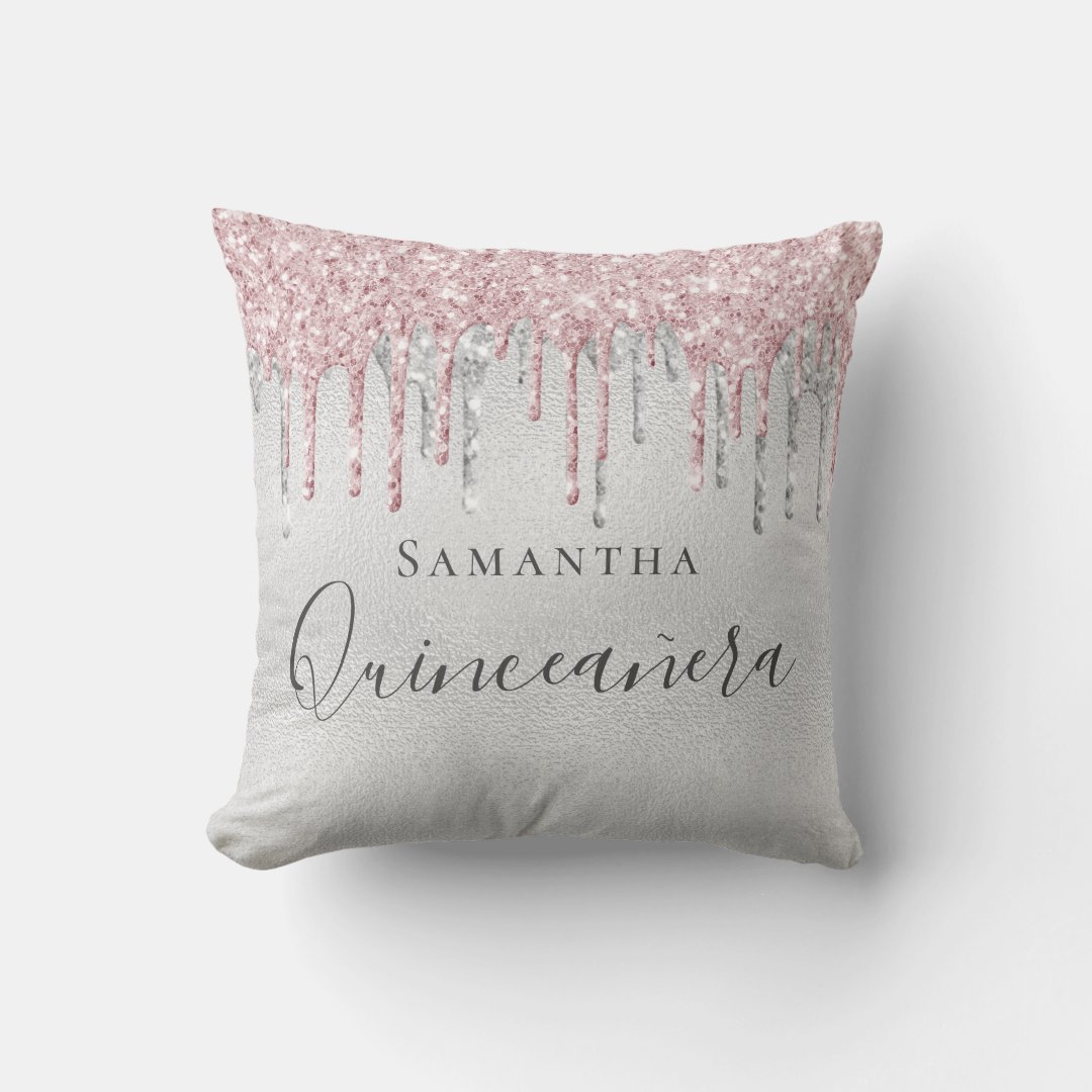 Quinceanera silver pink glitter drip monogram name throw pillow | Zazzle