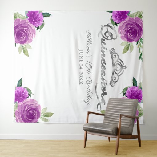 Quinceanera Silver Tiara Purple Floral Backdrop | Zazzle