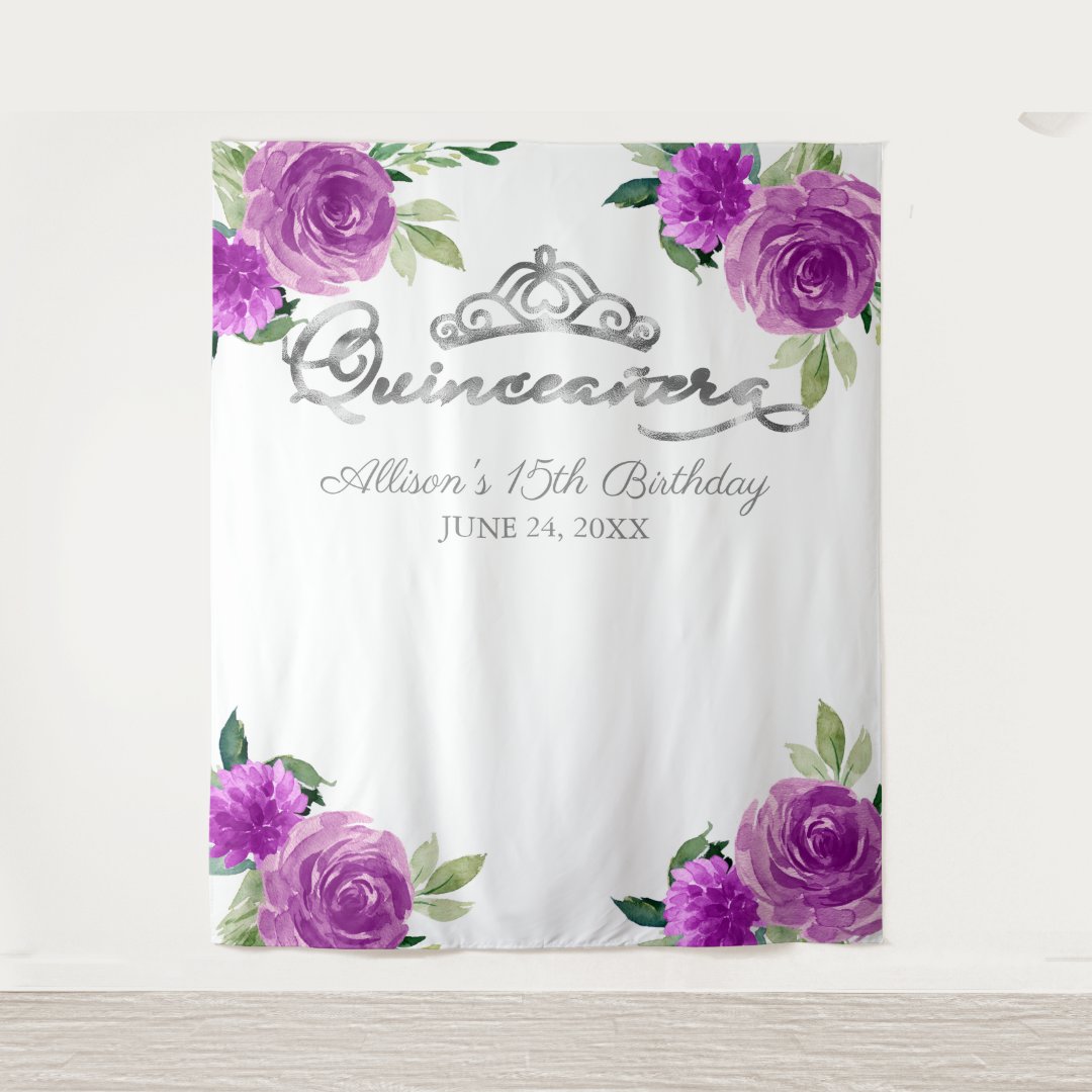 Quinceanera Silver Tiara Purple Floral Backdrop | Zazzle