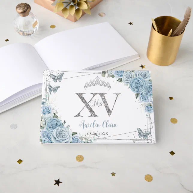 Quinceanera Silver XV Baby Blue Floral Butterflies Guest Book | Zazzle