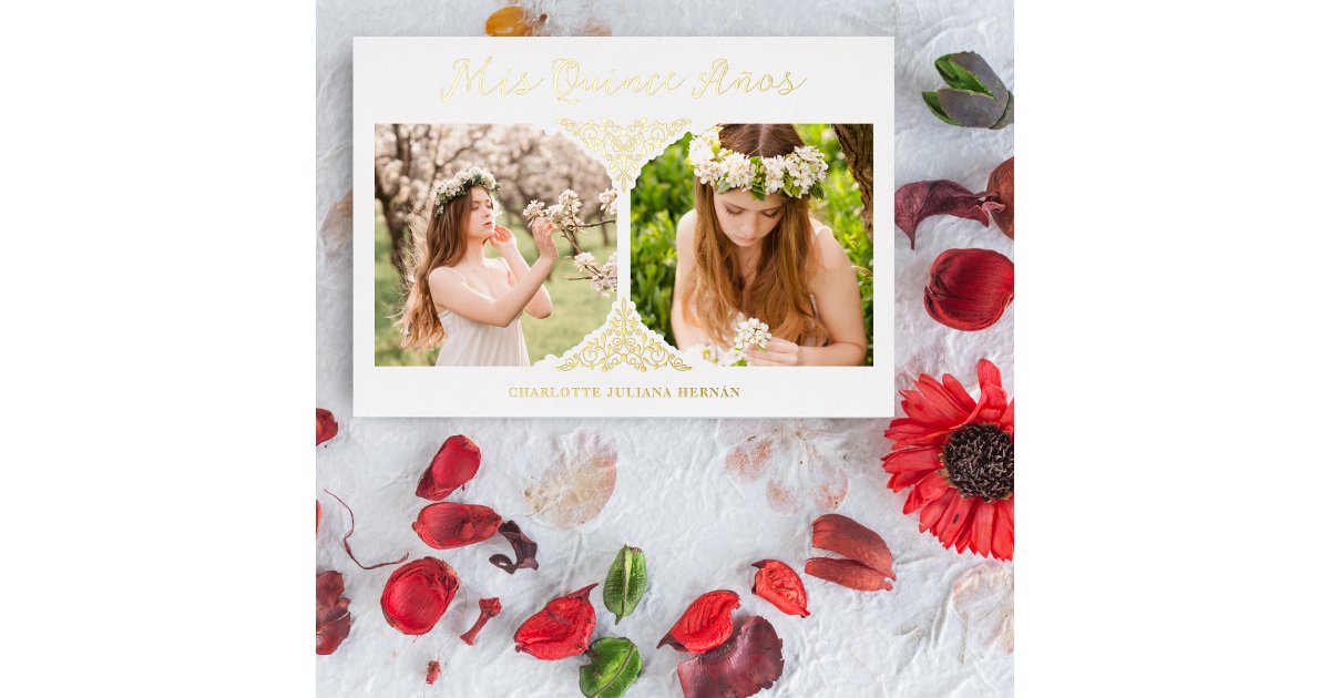 Quinceañera Spanish Fancy Flourish Effect 2 Photos Foil Invitation | Zazzle
