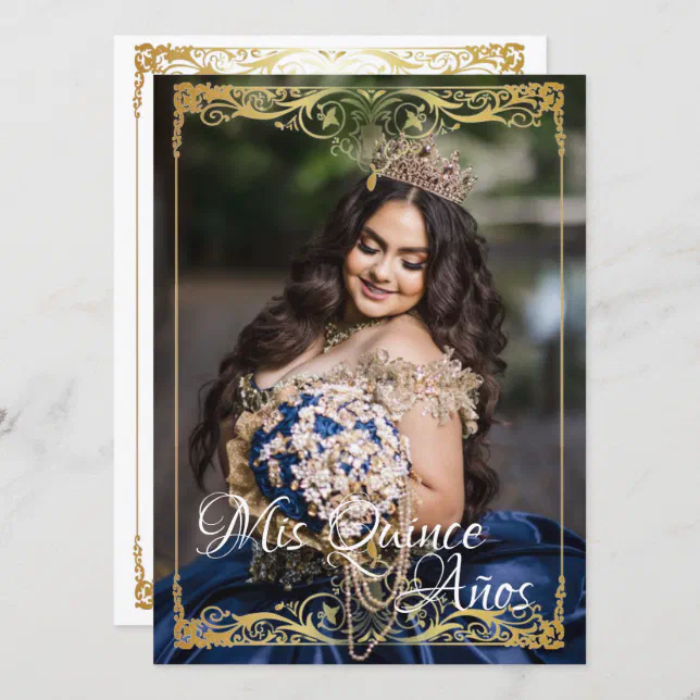 Quinceañera Spanish Mis Quince White Gold Photo Invitation | Zazzle