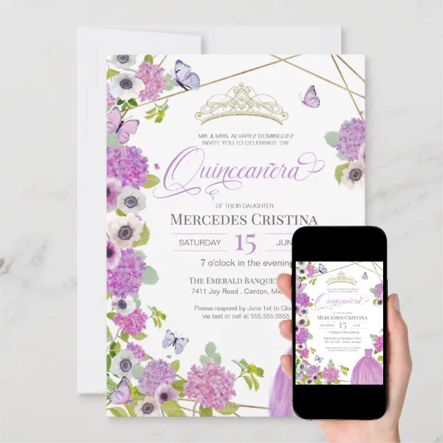 Quinceañera spring garden floral butterfly Tiara Invitation | Zazzle