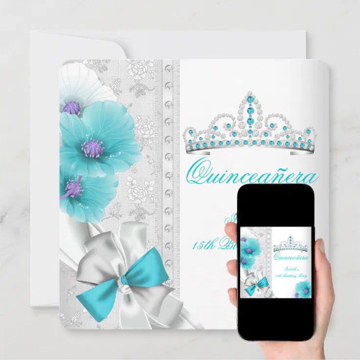 Quinceanera Teal Blue White Floral Diamond Tiara Invitation | Zazzle