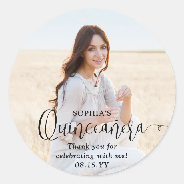 Quinceañera Trendy Black Script & Photo Thank You Classic Round Sticker | Zazzle