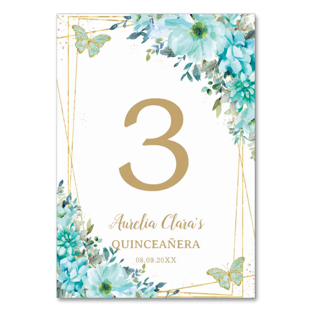 Quinceañera Turquoise Blue Floral Gold Butterflies Table Number | Zazzle