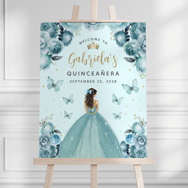 Quinceañera Turquoise Blue Gold Floral Welcome Foam Board | Zazzle