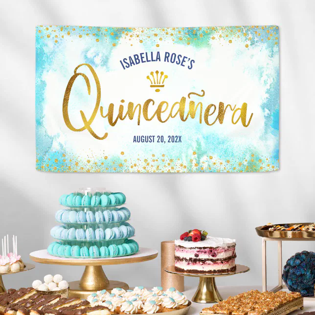 Quinceañera Turquoise Watercolor Gold Foil Welcome Banner | Zazzle