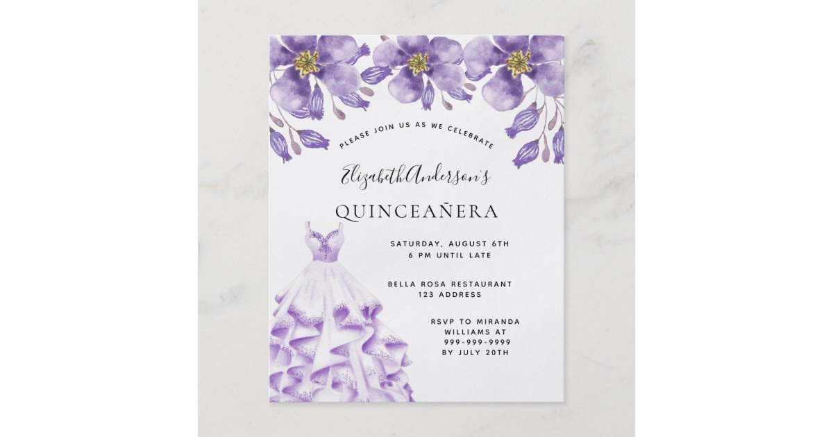 Quinceanera violet white dress floral budget flyer | Zazzle