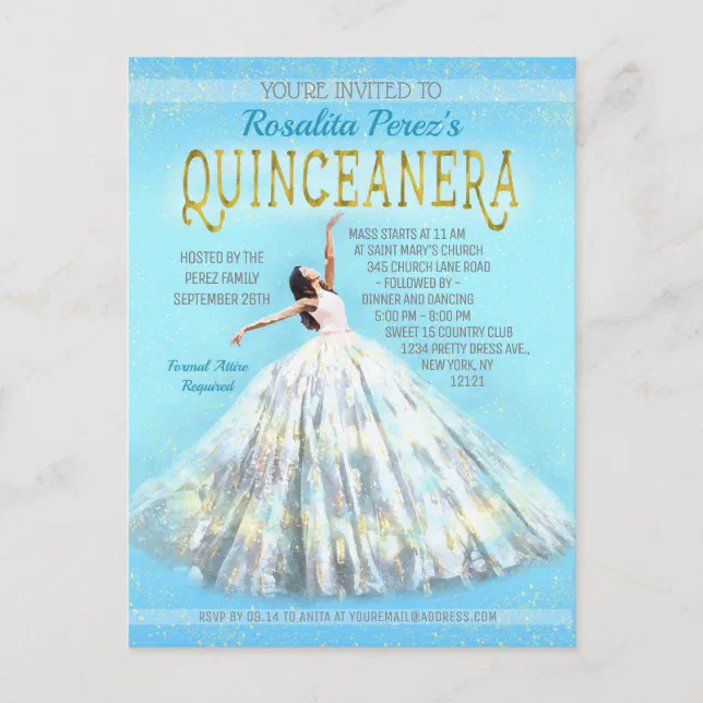 Quinceanera Watercolor Dress Royal Blue Gold Fancy Postcard | Zazzle