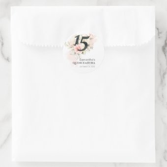 Quinceanera Watercolor Floral 15th Birthday Pink Classic Round Sticker ...