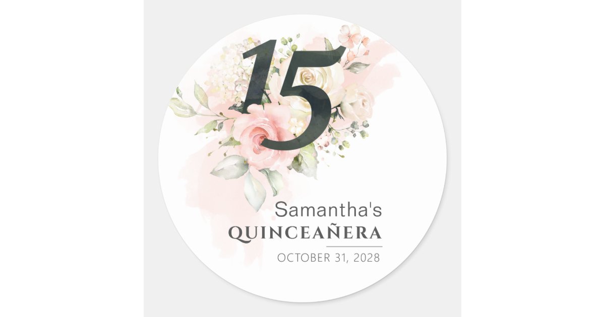 Quinceanera Watercolor Floral 15th Birthday Pink Classic Round Sticker ...