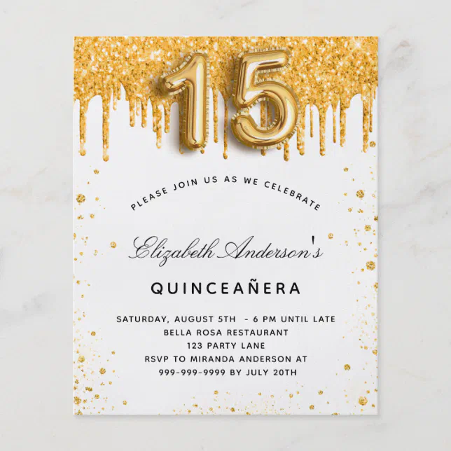 Quinceanera white gold budget invitation flyer | Zazzle