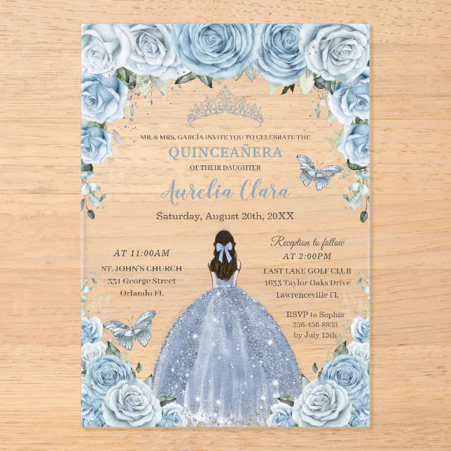 Quinceañera XV Baby Blue Floral Princess Silver Acrylic Invitations ...