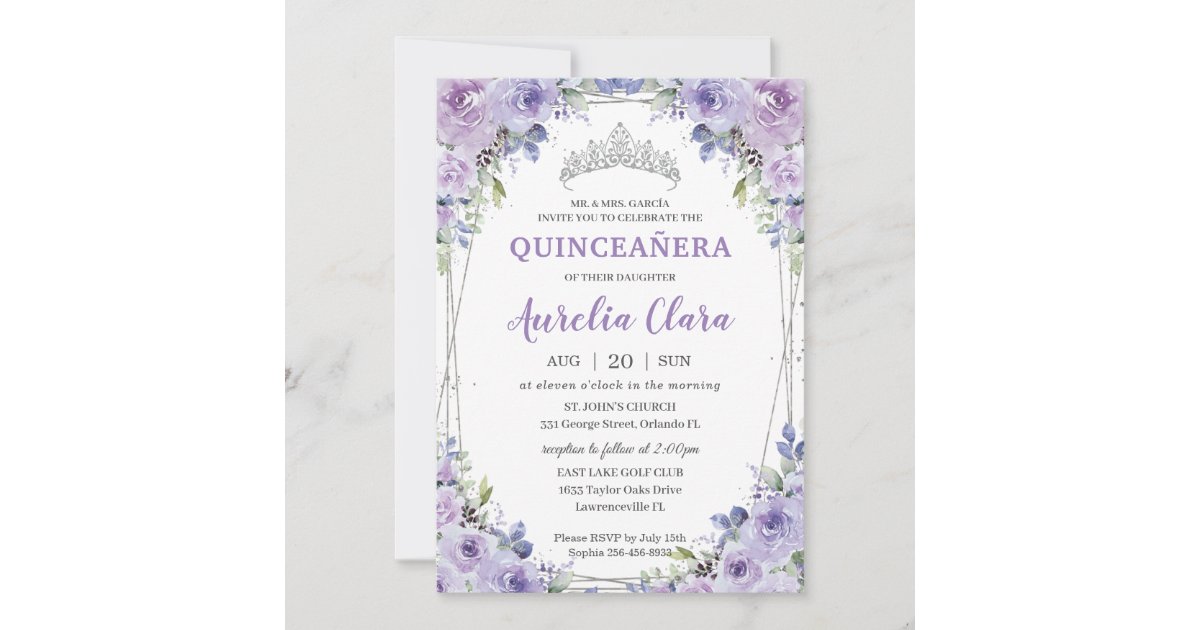 Quinceañera XV Purple Lilac Floral Silver Crown Invitation | Zazzle